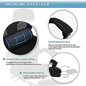 SMUG Office Reclining High Back Desk, Ergonomic Home Mesh, Tilt and Lock,Computer Swivel Task Chair with Lumbar Support Pillow,Adjustable Headrest,Retractable Footrest and Padded Armrests, Black