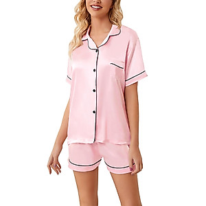 Schbbbta Pajamas Set for Girls Silk Button Down Pjs Satin Short Sleeve Sleepwear 2 Piece Lounge Sets, Pink, 11-12 Years