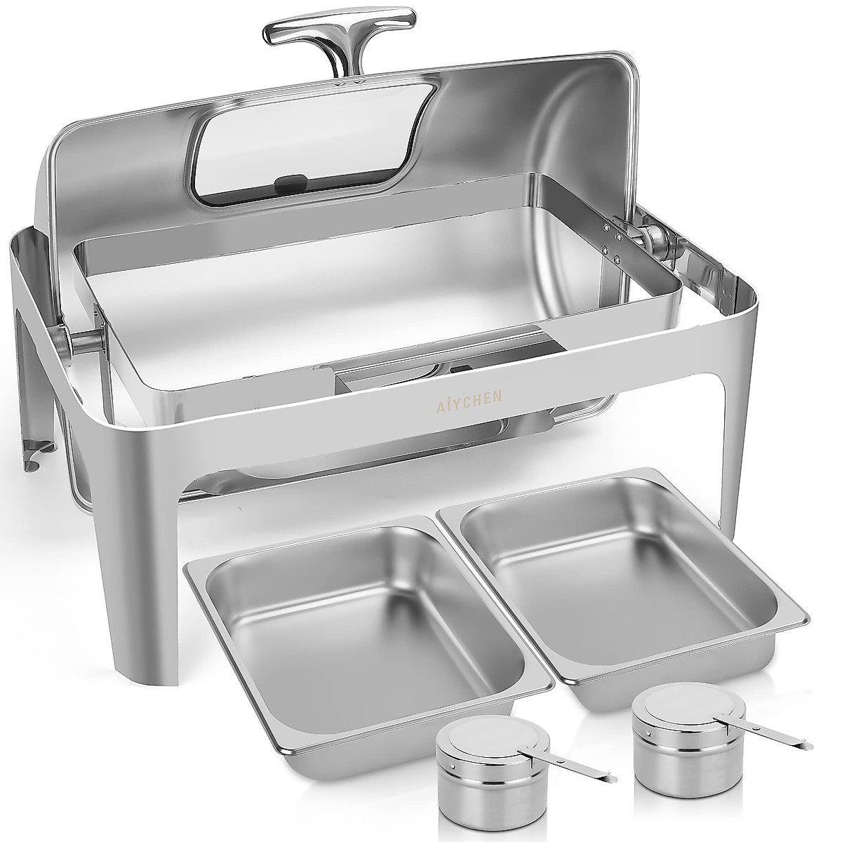 Chafing Dish Buffet Set 9 QT Chafers and Buffet Warmers Sets High Grade Stainless Steel Chafer Complete Set with Gas Container Visual Lid Spoon Temperature Control for Catering Supplies (2 Pan)