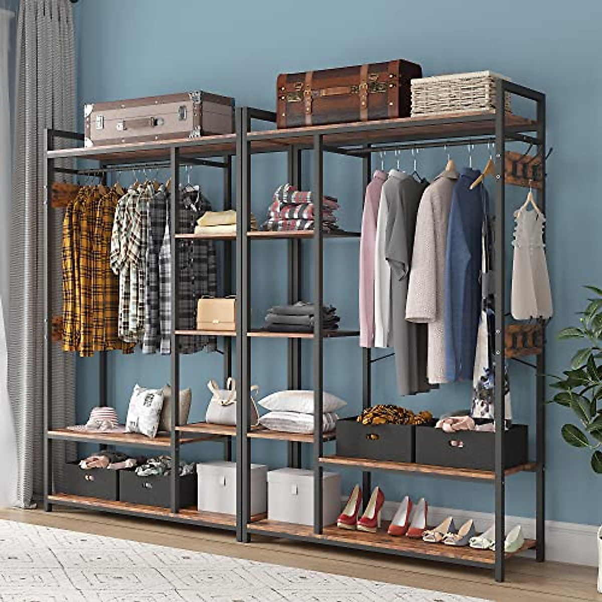 Free Standing Closet Organizer with Storage Box & Side Hook, Portable Garment Rack with 6 Heavy Duty Shelves and Hanging Rod, Black Metal Frame Hanging Closet Shelves - Rustic Brown