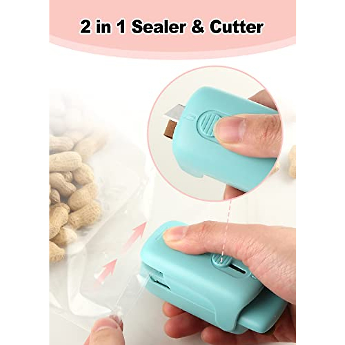 NOBVEQ Mini Bag Sealer, Handheld Heat Vacuum Sealer, Cutter with Lanyard and 2 in 1 Heat Sealer , Portable Bag Resealer Machine for Plastic Bags Food Storage Snacks Freshness (2X AA Batteries Included)