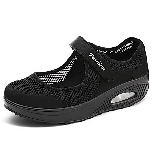 L LOUBIT Women's Platform Walking Shoes Breathable Mesh Sneakers Comfort Working Nursing Shoes Lightweight Wedge Loafers Black 40