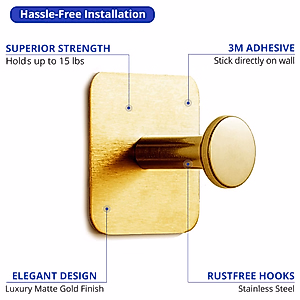 Heavy Duty Adhesive Metal Hooks for Hanging Hats, Garage Tools, Shower Accessories - Set of 6 Storage Hangers for Closet Entryway Organization, Wall Mount Peg Coat Rack, Bathroom Towel Holder (Gold)