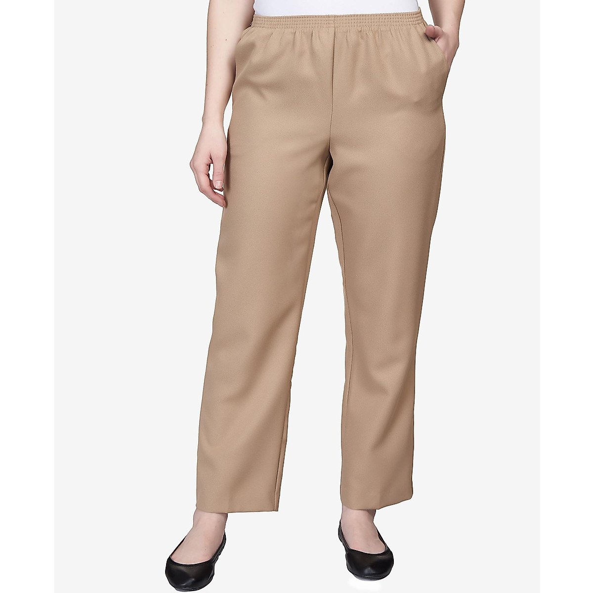Alfred Dunner Women's Around Elastic Waist Polyester Short Pull-On Style Pants, Tan, 12 Petite