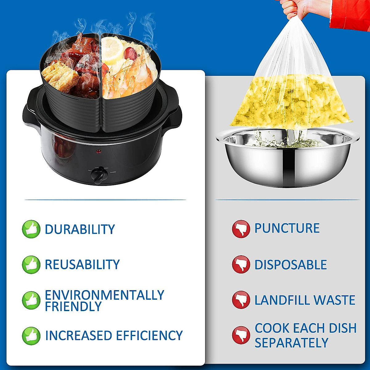 2023 Upgrade Silicone Crock Pot Liner Fit for Crockpot 6 QT Oval, BPA Free Reusable Slow Cooker Divider Insert Separator Bags Dual Pockets, Dishwasher Safe (2 Dividers)