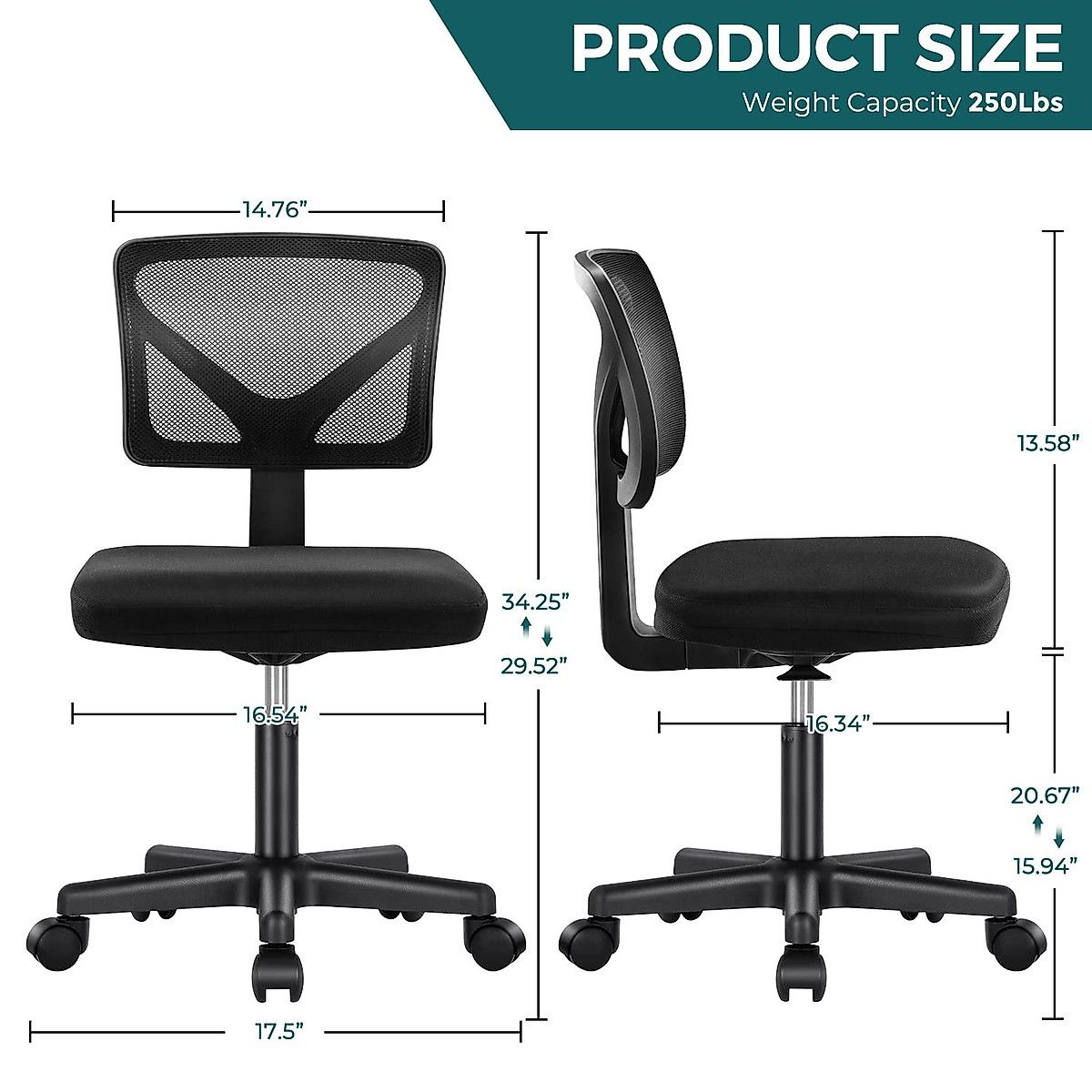 DUMOS Armless Desk Wheels Cute Home Office Arms, Ergonomic Adjustable Swivel Rolling Task, Comfy Mesh Mid Back Computer Work Vanity Chair for Small Spaces, Classic Black