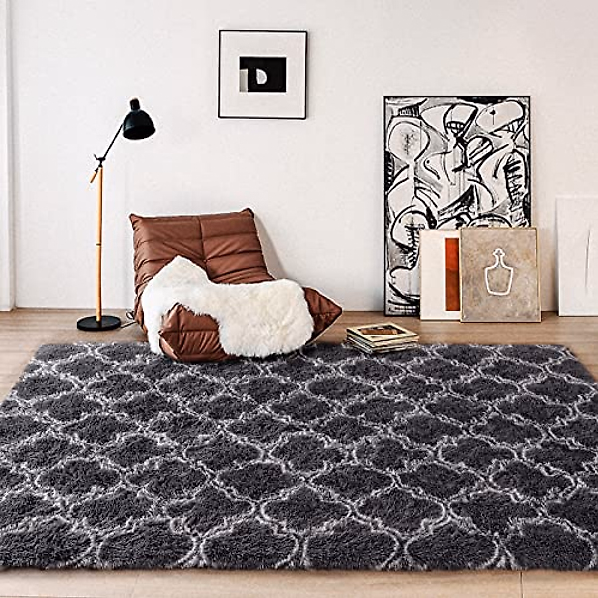 HOMORE Fluffy Bedroom Rug Super Soft Velvet Shaggy Plush Carpets 6x9 Feet, Shag Moroccan Area Rugs for Kids Girls Living Room Bed Home Decor, Gray