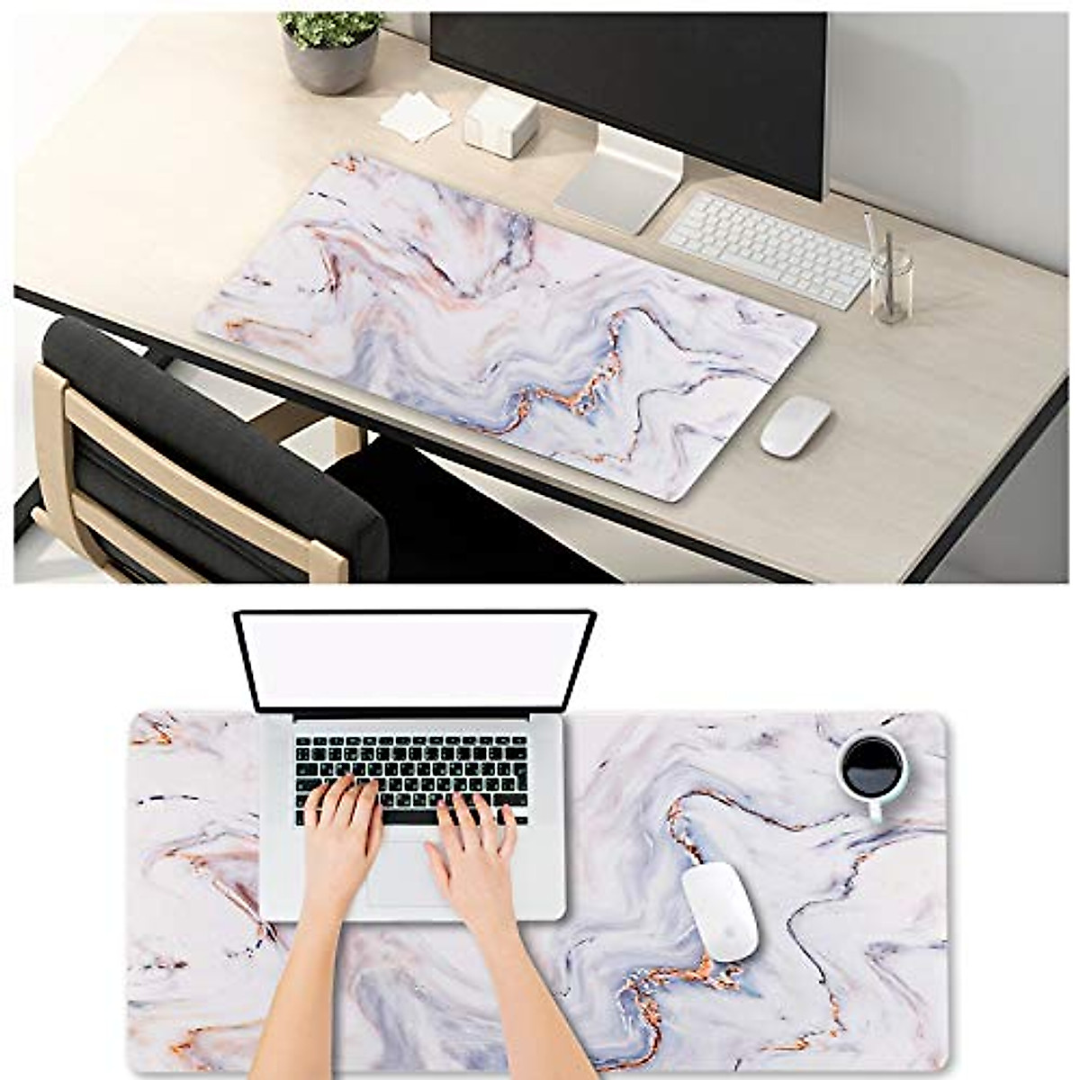 Extended Gaming Mouse Pad XXL ArtSo Large Keyboard Mat Long Mousepad Desk Decor Writing Pad Non Slip Rubber Base Stitched Edges for Work, Game, Office, Home, 35.1" x 15.7", White Gold Marble