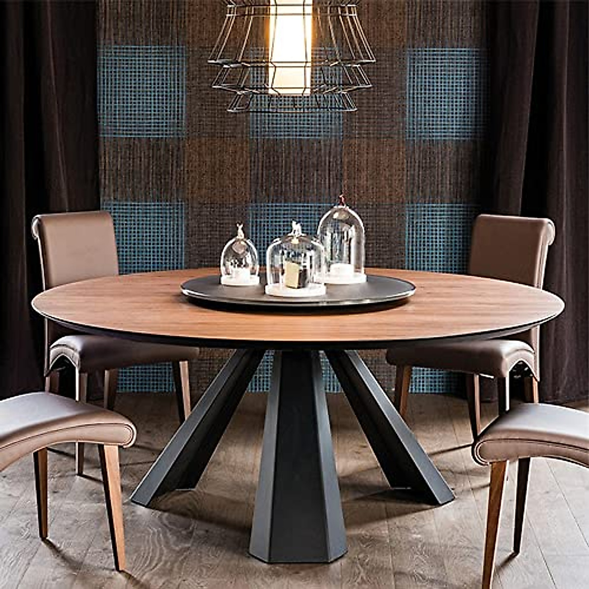 LAKIQ Minimalist Dining Table Brown Kitchen Table Solid Wood Round Table Metal Legs-Without Lazy Susan(63" L x 63" W x 29.5" H)