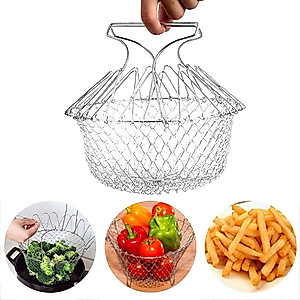 304 Stainless Steel Foldable Steam Rinse Strain Fry Basket Strainer Net Kitchen Cooking Tool for Fried Food or Fruits