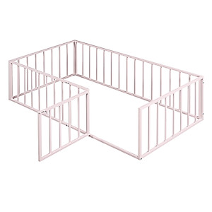 Acosure Twin Size Metal Floor Bed Frame with Fence and Door, Versatile Montessori Beds,No Box Spring Needed,Easy to Install,for Kids,Boys,Girls,Pink