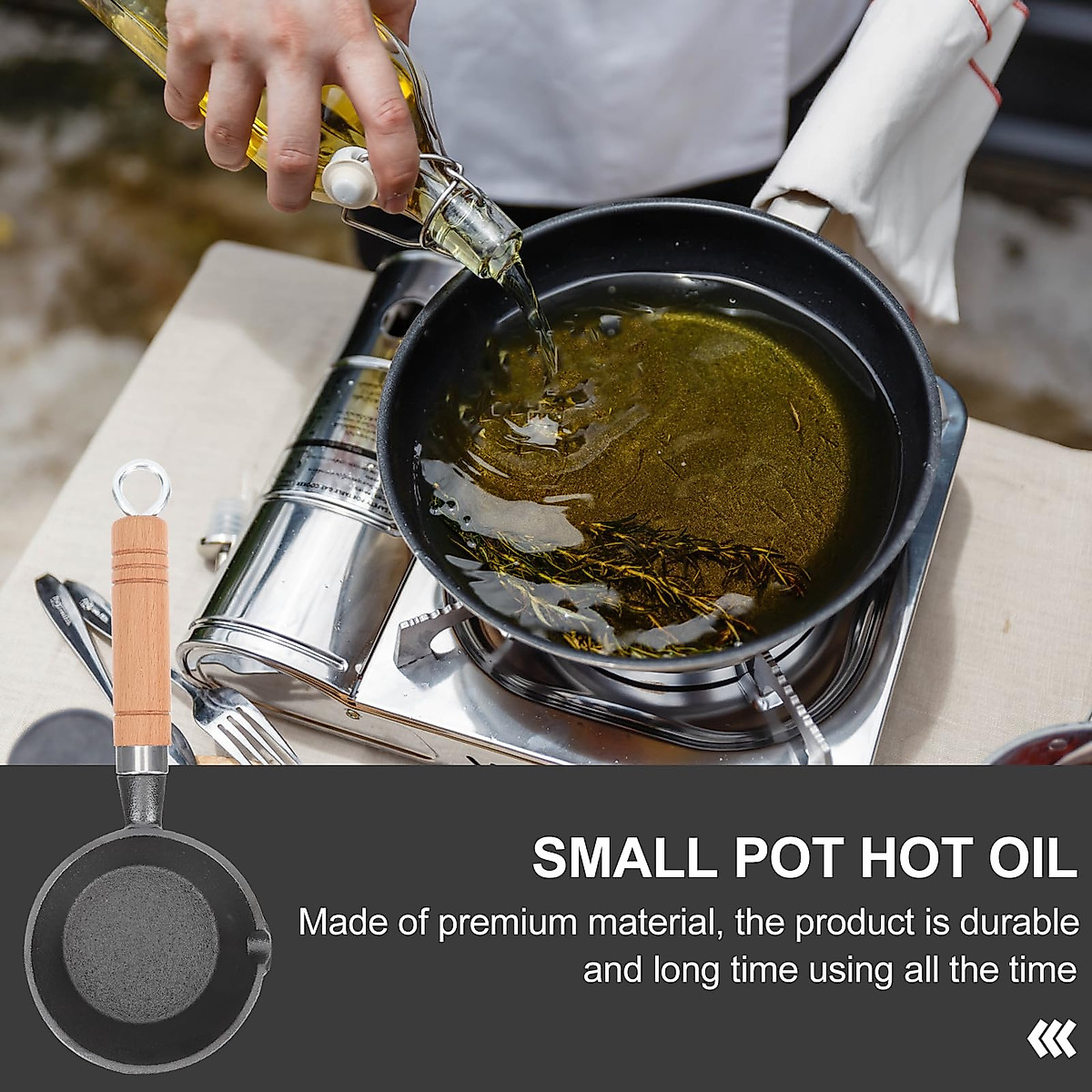 Tofficu Hot Oil Pan Non Stick Small Cast Iron Pot Butter Warmer Pot Mini Cast Iron Skillet Small Oil Heating Pan Melting Pot Ceramic Nonstick Pan Oil Heating Pot Enamel Small Eggs Wooden