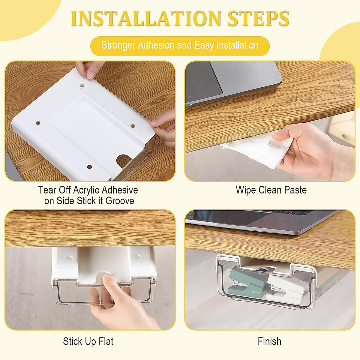 Geetery 8 Pcs Self Adhesive Slide Out Attachable Drawer Tray Under Desk Drawer Table Hidden Storage Mounted Desktop Pencil Holder Tray Drawers Up to 11 lbs Organizer for Office Home School Kitchen