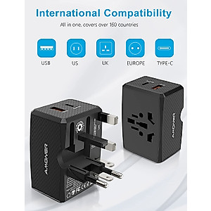 World International Travel Plug Adapter by Amoner - Powerful with Type C and USB Wall Charger Type I C G A Outlets 110V 220V A/C - EU Euro US UK AU