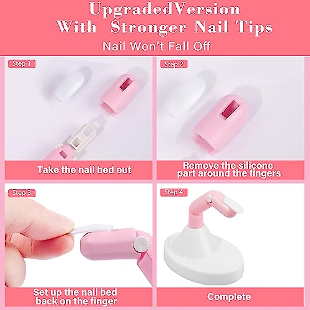 Practice Fingers for Acrylic Nails, Flexible Movable Fake Finger to Practice Fake Nails, 3PCS Adjustable Pink Nail Finger Practice, 1PC White Acrylic Finger Base and 100PCS White Nail Tips with Box