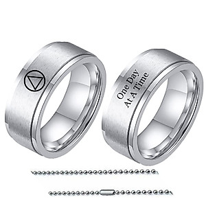 Inspirational One Day At A Time Sobriety Gifts for Women Men Stainless Steel Sober Recovery Anxiety Spinner Bands Ring Necklace Chain Alcoholics Addiction Recovering Jewelry Gift,Size 8,Silver