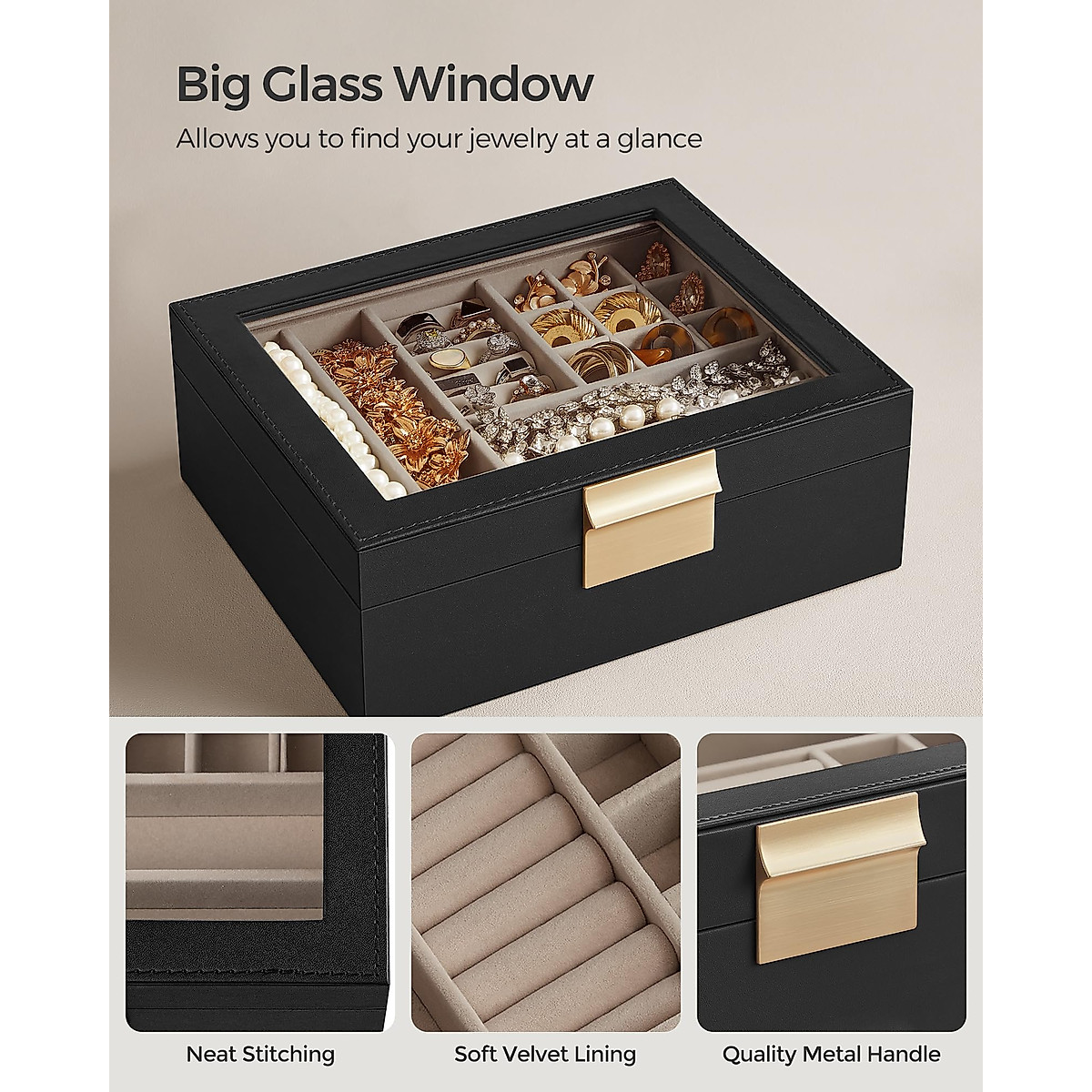 SONGMICS Jewelry Box with Glass Lid, 2-Layer Jewelry Organizer with Removable Tray, Jewelry Storage, Modern Style, Gift for Loved Ones, Graphite Black and Metallic Gold UJBC238B01