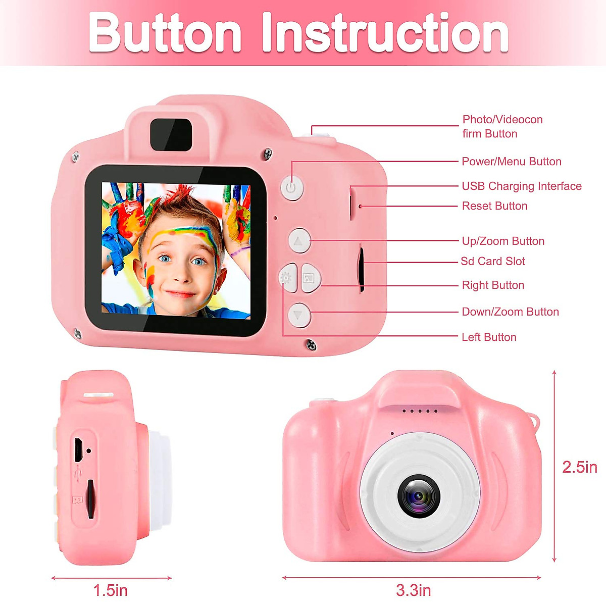 1080P Kids Camera for Girls, Toddler Camera for Christmas Birthday Festival Gift, Children Rechargable Selfie Camera Toy for 3-9 Year Old Girls, Multi-Functional Kids Digital Camera with 32GB SD Card