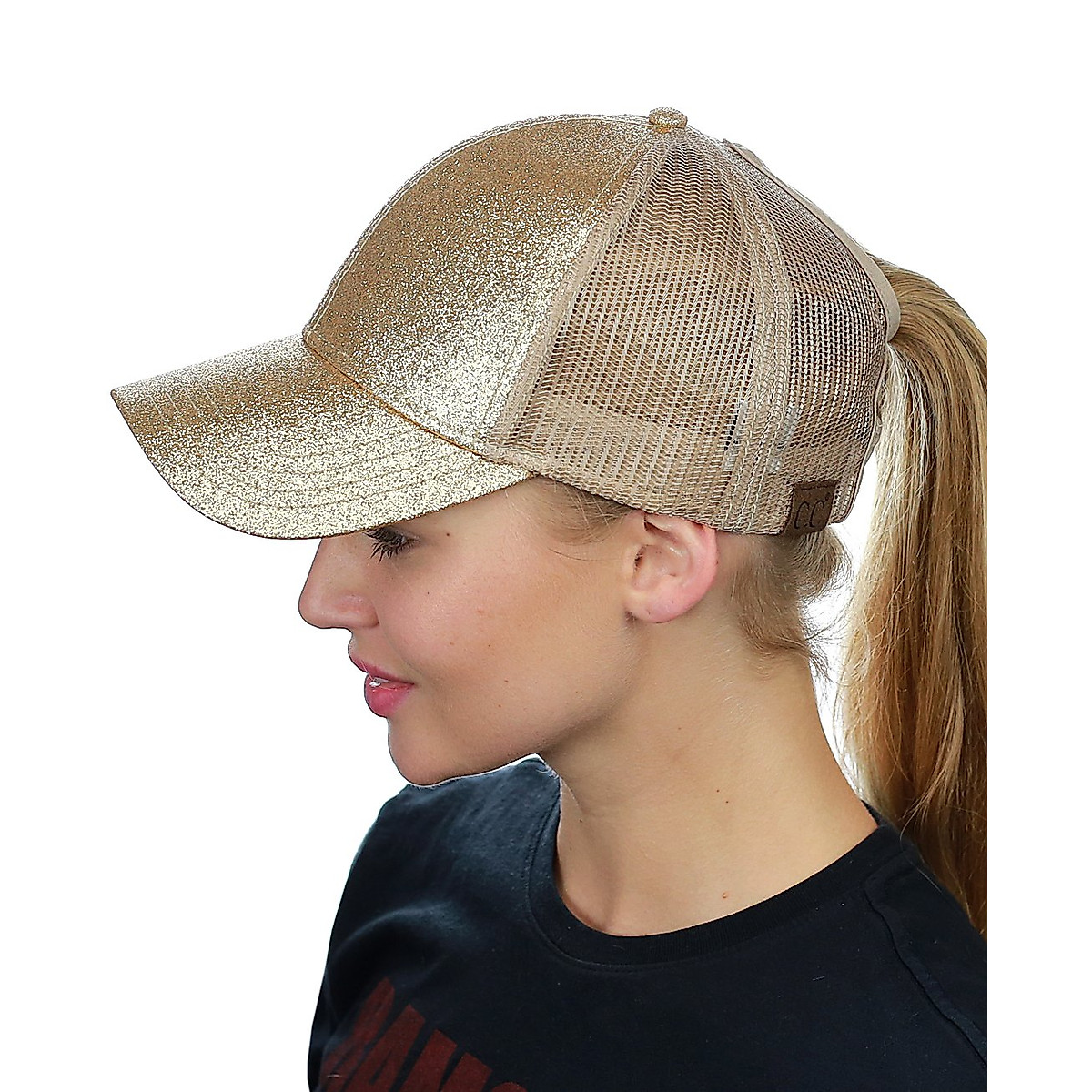 C.C Ponycap Messy High Bun Ponytail Adjustable Glitter Mesh Trucker Baseball Cap, Gold,One Size