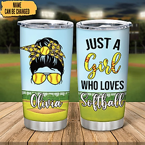 Hyturtle Personalized Softball Tumbler - Just A Girl Who Loves Softballs Custom Name Stainless Steel Tumbler 20oz With Lid - Softball Gifts For Mom Women Fan Coach Sport Lovers Birthday Mother's Day…