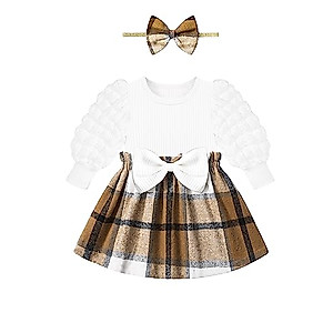 Qaoerde Baby Girl Dresses 12-18 Months Baby Girl Dress Puff Sleeve Brown Plaid Dress Baby Girls' Dresses Baby Dresses 12-18 Months Baby Girl Fall Dress Baby Girl Winter Dress Thanksgiving Outfit