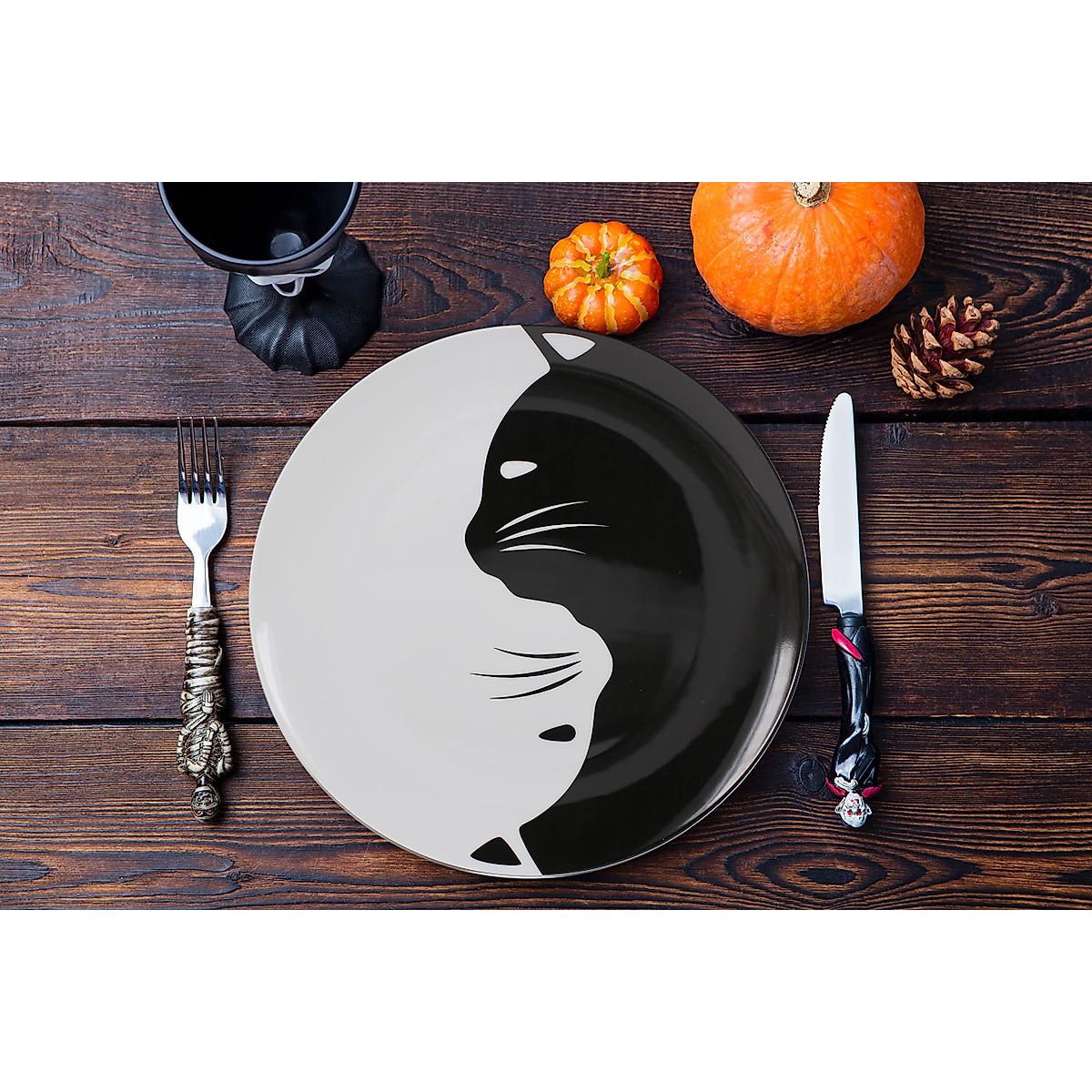 LEADEX Black and White Cat Porcelain Plate Set, Best Gift For Cat Lover (8-inch salad plate set)