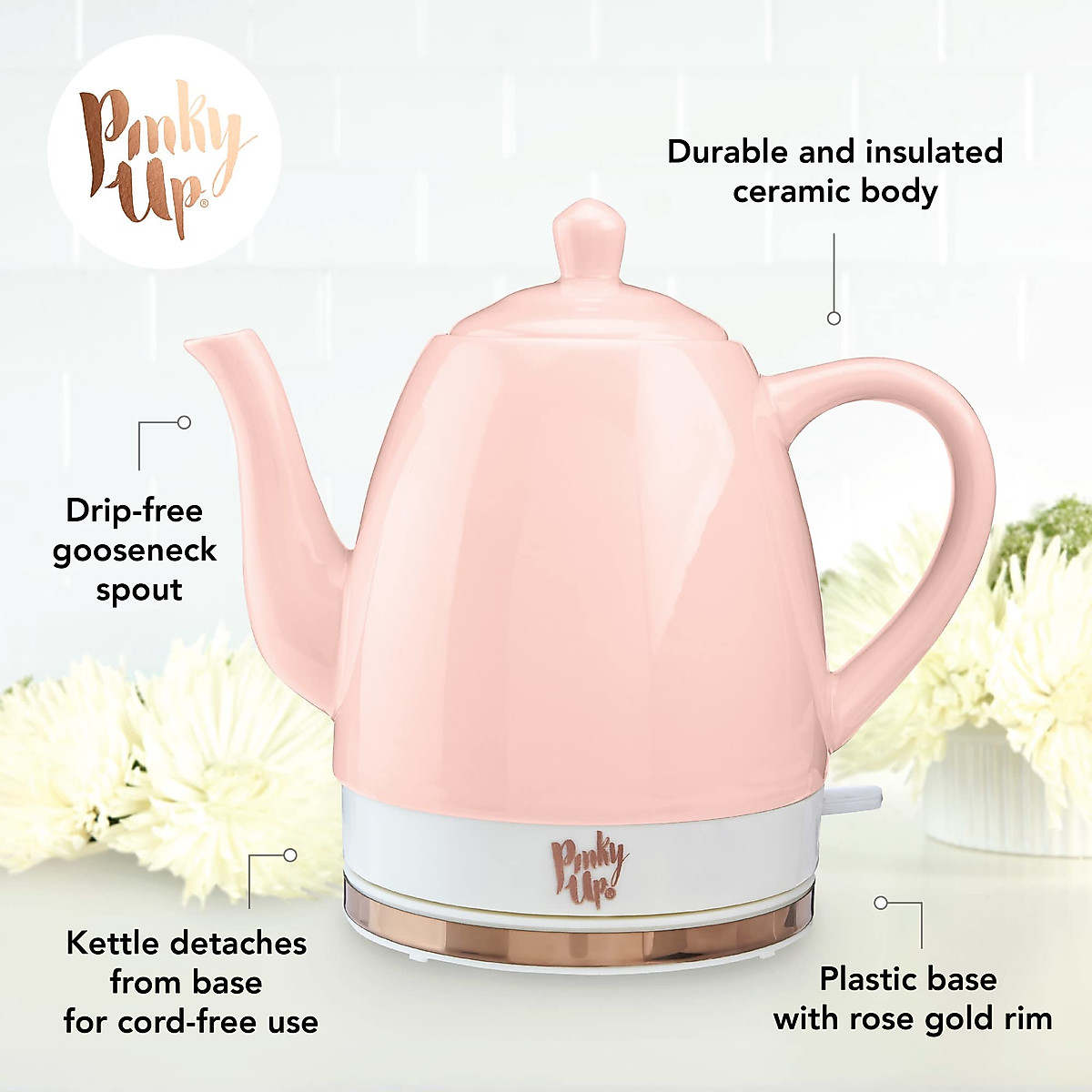Pinky Up Noelle 1.5 L Ceramic Gooseneck Spout Electric Tea Kettle with Temperature Control - Cordless Design for Boiling Water Pot, Pink, Rose Gold