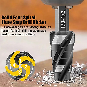 KAKILFOB Four Spiral Flute Step Drill Bit Set, 5 Pieces 1/8"-1-3/8" HSS Unibit Step Drill Bit, 1/4" and 3/8" Shank Step Bits for Metal, Aluminum, Wood, Plastic