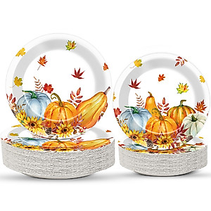 48 Pcs Thanksgiving Fall Paper Plates Party Supplies, Watercolor Pumpkins Maple Leaves Disposable Plates (9'' + 7'') for Fall Party Autumn Harvest Holiday Thank You Dinnerware Decorations Favors