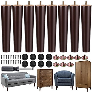 TURSTIN 8 Pieces Furniture Legs 10 Inches Round Solid Wood Furniture Feet Couch Legs Sofa Legs Replacement Legs for Armchair, Cabinet, Chair, Dresser or Home DIY Projects, Brown