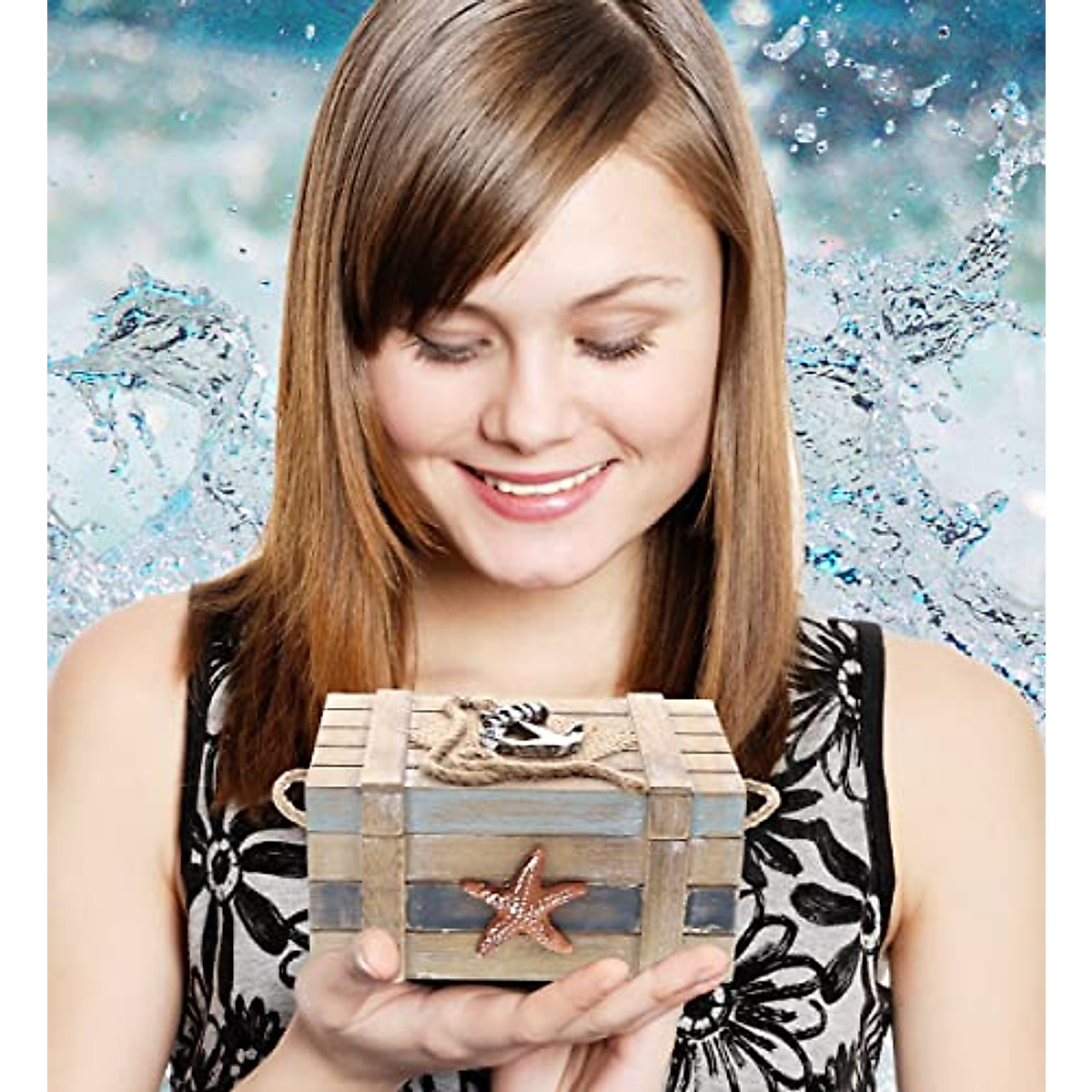 CoTa Global Neptune Wooden Jewelry Box - Handcrafted Nautical Trinket with Starfish and Boat Anchor Decorations, Accent Tabletop Home Decor, Beach Starfish Jewelry Storage Organizer - 6.5 Inches