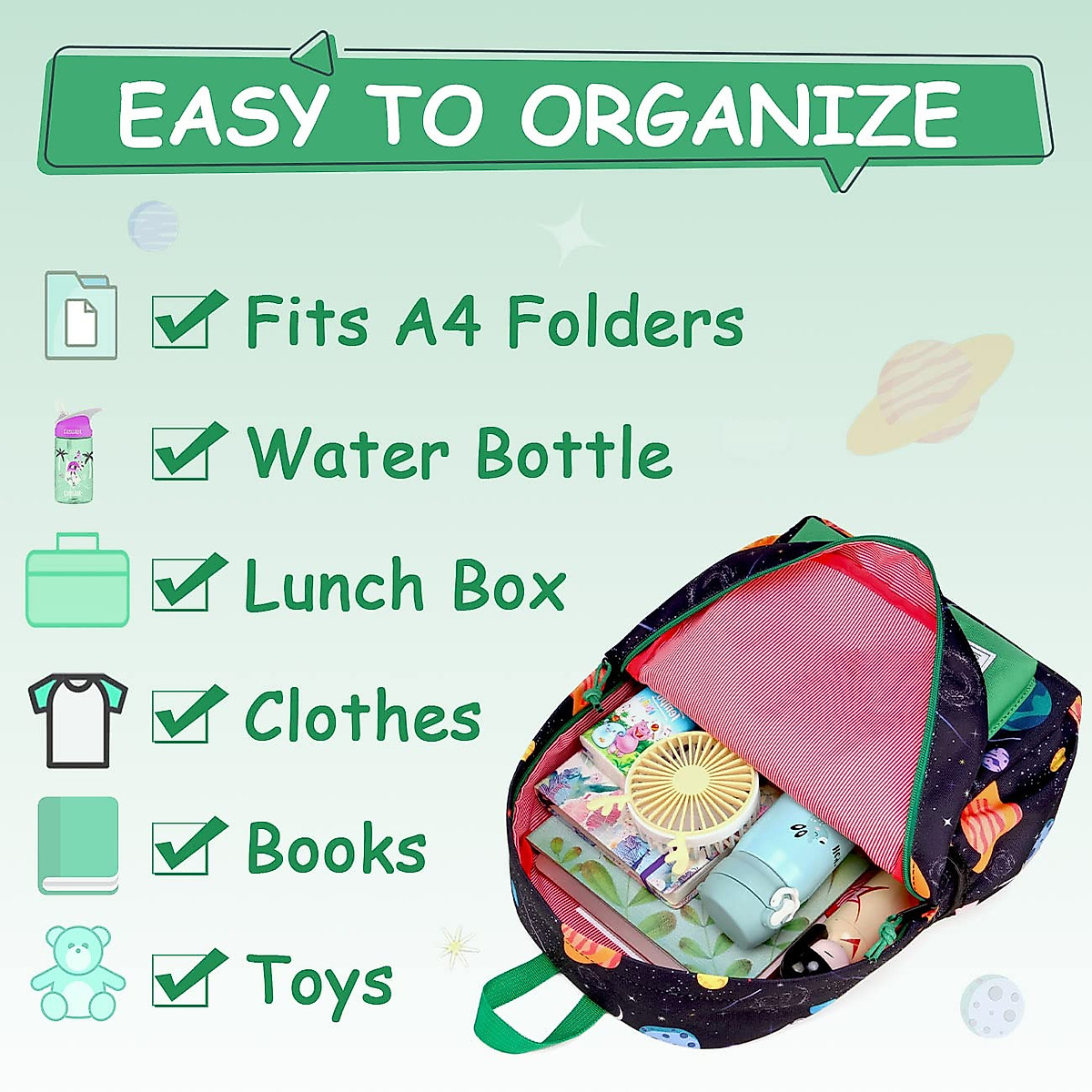 VASCHY Backpack for Boys, Kids Water Resistant Lightweight Backpack for Toddlers Daycare Preschool Space Green