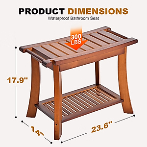 Jekruiet Teak Shower Chair Stool, 24 Inch Shower Bench Seat, Wooden Bathroom Bench with Storage Shelf for Adults, Elderly, Disabled Indoor & Outdoor Use
