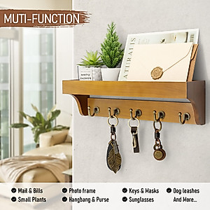 Rebee Vision Decorative Key Holder for Wall with Shelf: Farmhouse Mail Rack with 5 Sturdy Key Hooks for Home Decor, Apartment, Entryway and Hallway (Light Brown)