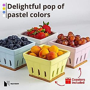 NEXVENTI Ceramic Berry Basket Bowl (Set of 4) | Strawberry Fruit Containers for Fridge | Square Fruit Bowl Farmers Market Harvest Basket | Berry Colander Glass Keeper Stoneware Kitchen Décor (Combi 2)