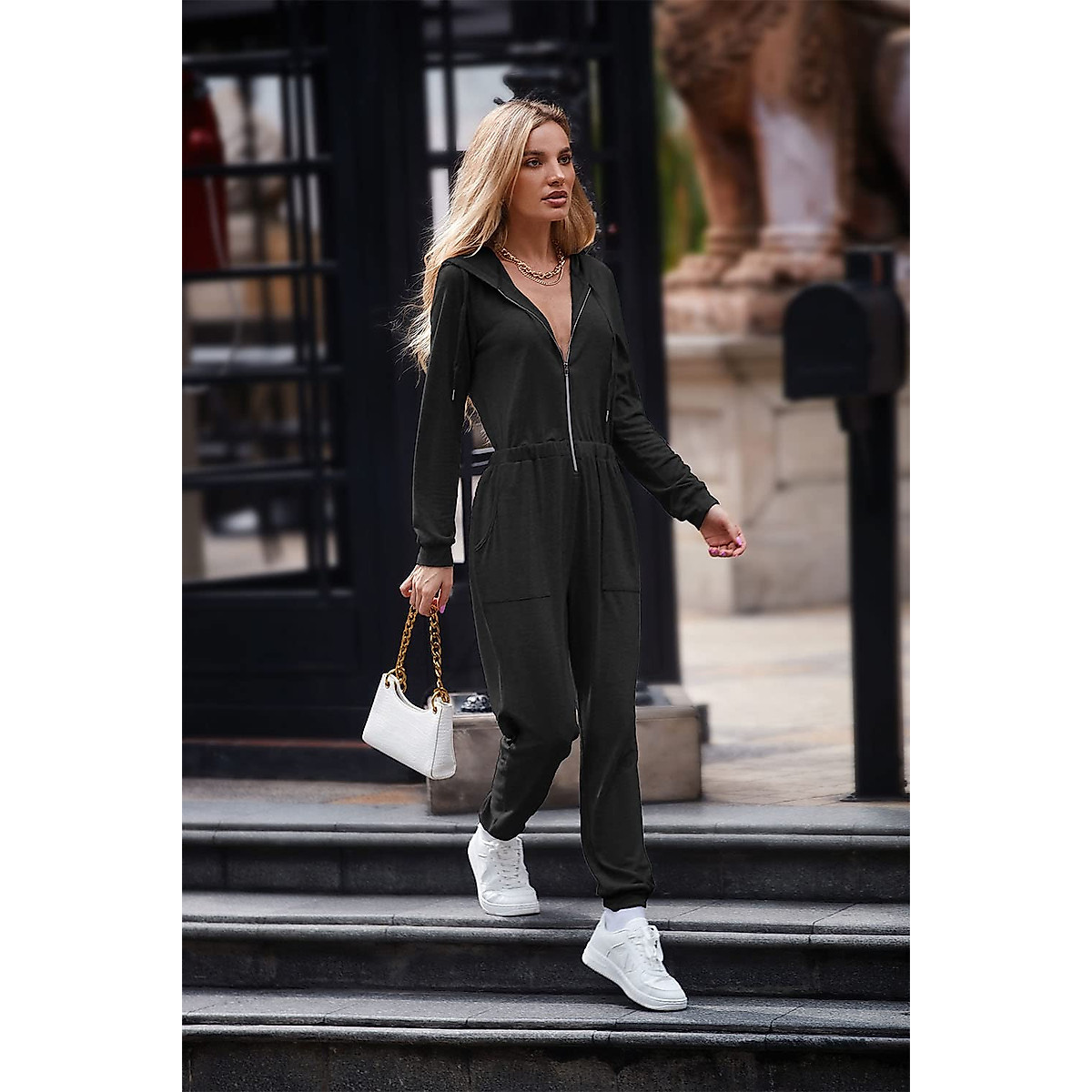 PRETTYGARDEN Women's Casual Long Sleeve Hooded Jumpsuits Zip Up One Piece Outfit Romper with Pockets (Black,Medium)