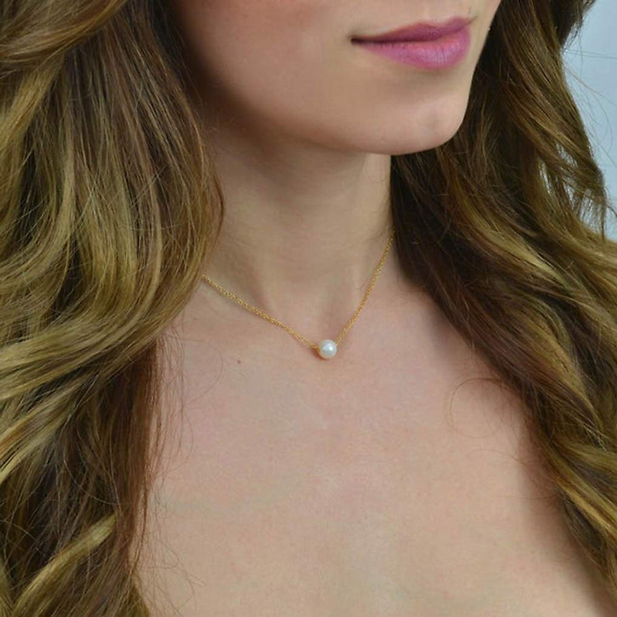 Yalice Tiny Pearl Choker Necklace Chain Short Pendant Necklaces Floating Wedding Bridesmaid Jewelry for Women (Gold)