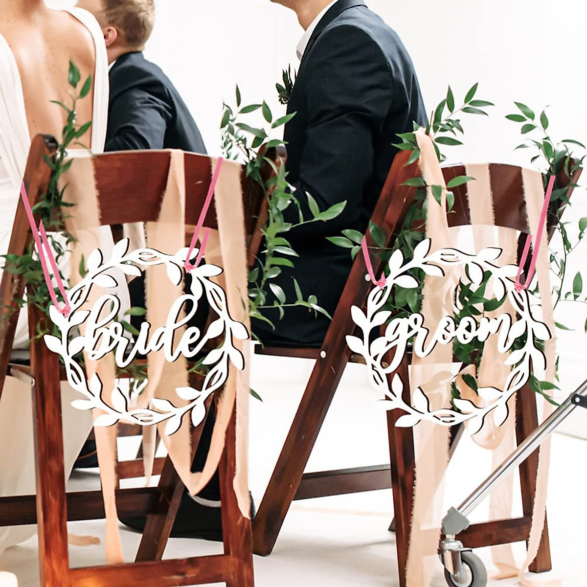 PRETYZOOM 1 Set Groom Bride Bridal Shower Chair Decorations for Bride Rustic Wedding Chair Decorations Bride and Groom Chair Signs for Wedding Bridegroom White Pendant Wooden Board