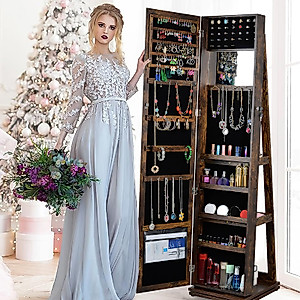 HOUAGI Mirror Jewelry Cabinet Standing,360°Rotating Jewelry Armoire Organizer with Full Length Mirror,Rear Storage Shelves,Built-in Small Mirror (Antique Gray)