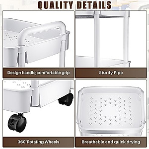 3 Tier Rolling Cart, Plastic Storage Cart, Multi-Functional Utility Cart Kitchen Storage Organizer,Mobile Shelving Unit Cart with Lockable Wheels for Bathroom,Laundry,Living Room,White