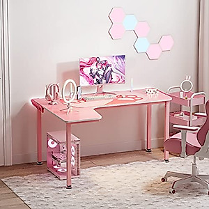 DESIGNA Pink Gaming Desk, 60 inch Pink L Shaped Gaming Desk, with Full Covered Cute Pink Desk mat for Girl Gaming Desk Pink, Easy to Assemble, Left Side