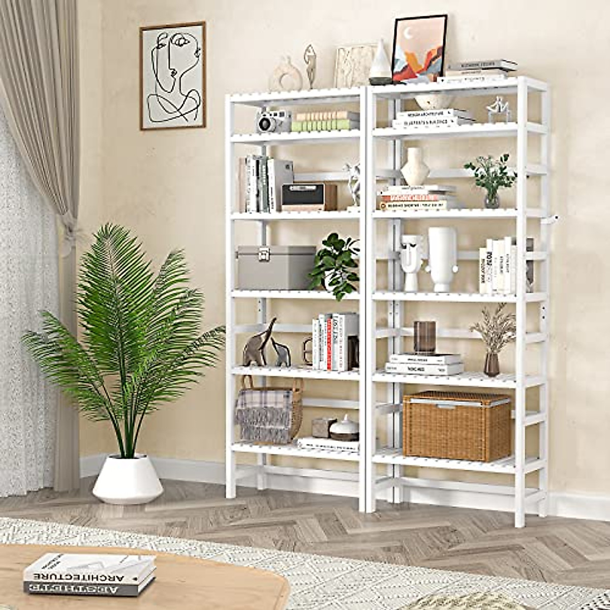 Homykic Bookshelf, 6-Tier Bamboo Adjustable 63.4” Tall Bookcase Book Shelf Organizer Free Standing Storage Shelving Unit for Living Room, Kitchen, Bedroom, Bathroom, Office, Rust Resistance, White