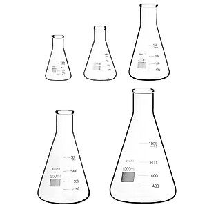 QWORK Erlenmeyer Flask Set - 50ml, 150ml, 250ml, 500ml & 1000ml - Narrow Neck, Clear Graduations - - Borosilicate 3.3 Glass - Ideal for Professional Lab Use