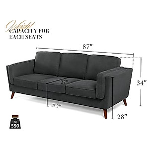 VanAcc Sofa, 87 inch Modern Sofa Couch with Embedded Arm Pillow- Deep Seat Sofa for Livingroom, Dark Grey