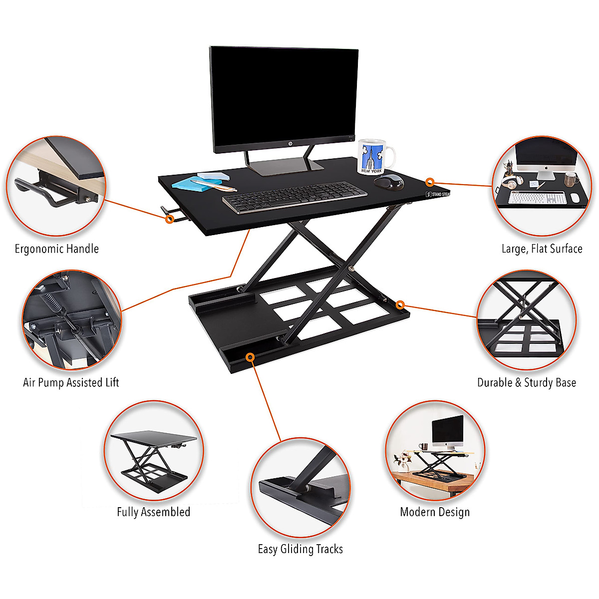Stand Steady X-Elite Pro, Ergonomic Adjustable Height Standing Desk Converter for Home or Office, Easy Lift Sit to Stand Laptop Desk Riser for Laptop and Computer Monitor (Black, 28in x 20in)