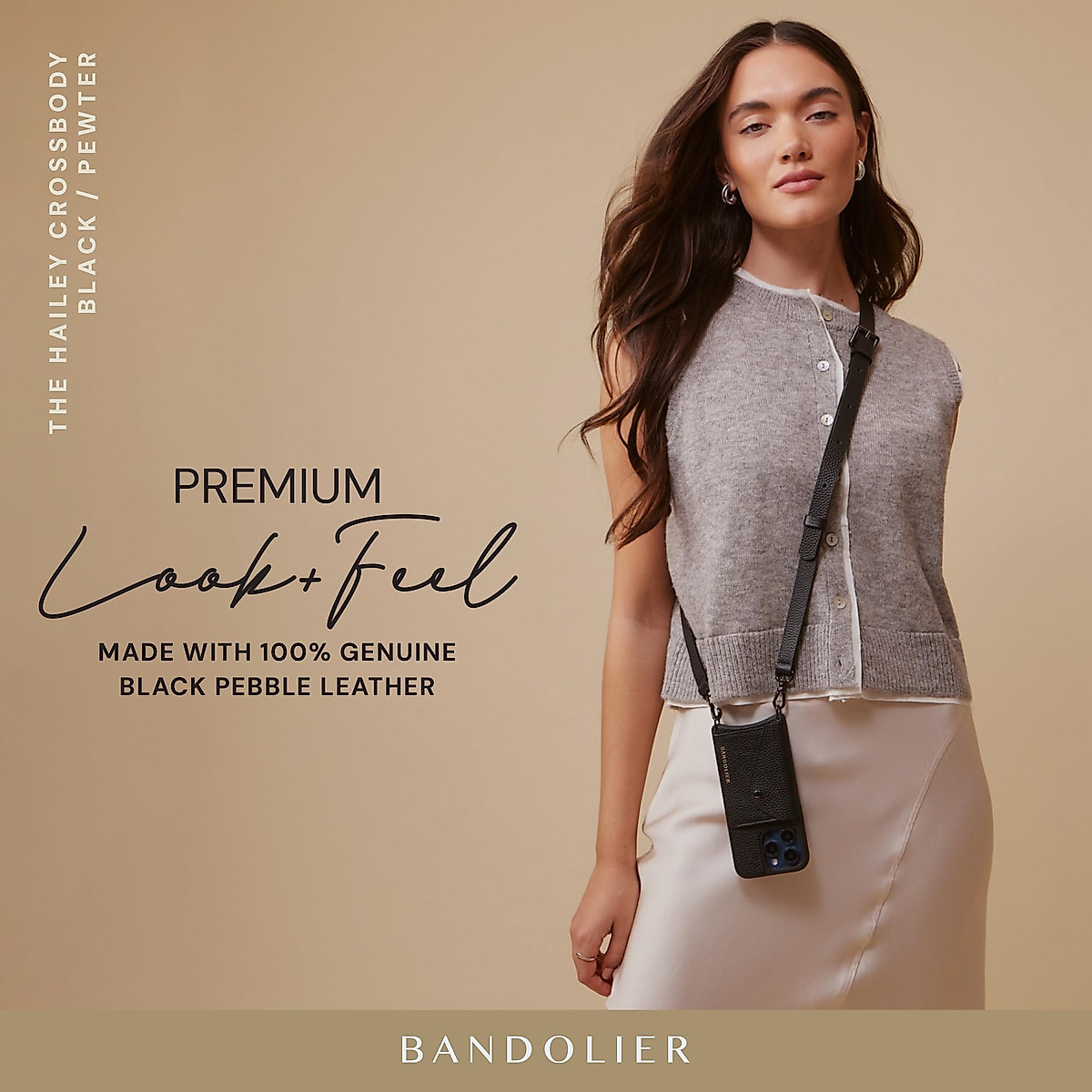 Bandolier Hailey Crossbody Wallet Phone Case for iPhone 15 Pro Max. 100% Genuine Pebble Leather with Pewter Hardware. Adjustable & Removable Strap. Expandable Flip Card Holder. Black with Pewter