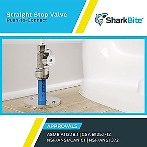 SharkBite 1/2 x 3/8 Inch Compression Straight Stop Valve, Quarter Turn, Push to Connect Brass Plumbing Fitting, PEX Pipe, Copper, CPVC, PE-RT, HDPE, 23037-0000LF
