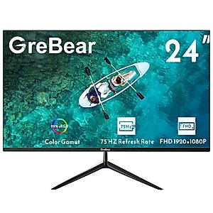 GreBear 24 Inch Computer Monitor, FHD 1080p PC Monitor 75hz Built in Speakers, 99% sRGB Low Blue Light Anti-Glare VA Screen Desktop Display w/HDMI/USB Type-C/Freesync Tilt Adjustable 75 x 75 mm VESA