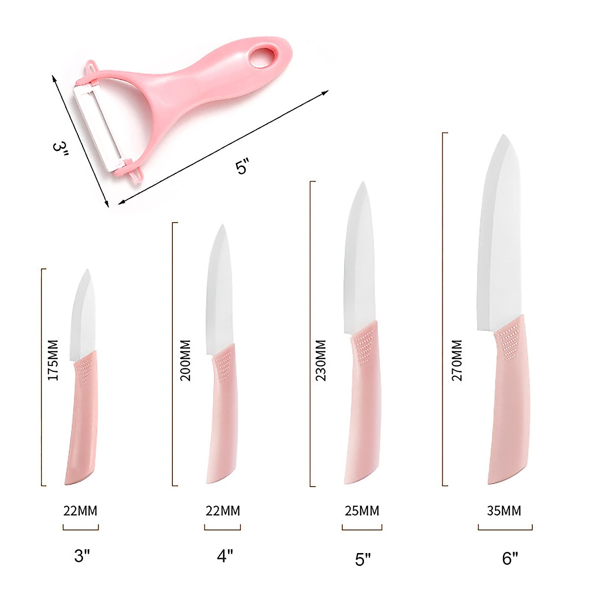wgzixezn Ceramic Knife Set with Covers Pink Handle 6 Kitchen Knives Pcs - 6" Chef Knife 5" Utility Knife 4" Fruit Knife 3" Paring Knife Knife Block Holder and a Peeler,Pink