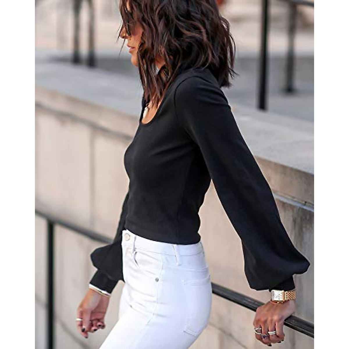 The Drop Women's @lucyswhims Square-Neck Balloon-Sleeve Top, Black, M